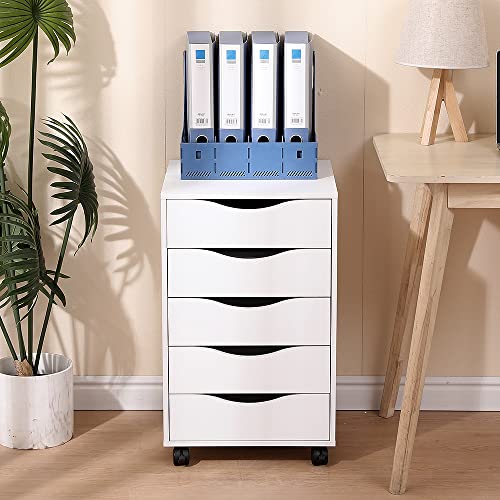 5 Drawer Storage Organizer with Wheel Lockable Casters, Mobile Filing Storage File Cabinet,24''H for Home Office (White)