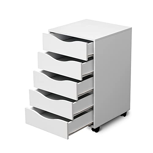 5 Drawer Storage Organizer with Wheel Lockable Casters, Mobile Filing Storage File Cabinet,24''H for Home Office (White)