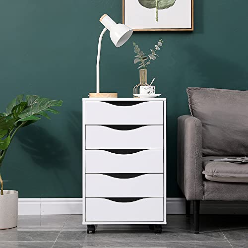 5 Drawer Storage Organizer with Wheel Lockable Casters, Mobile Filing Storage File Cabinet,24''H for Home Office (White)