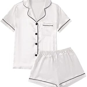 LYANER Women's Satin Pajamas Set Short Sleeve Button Shirt Silky Sleepwear With Shorts Set PJ White Medium