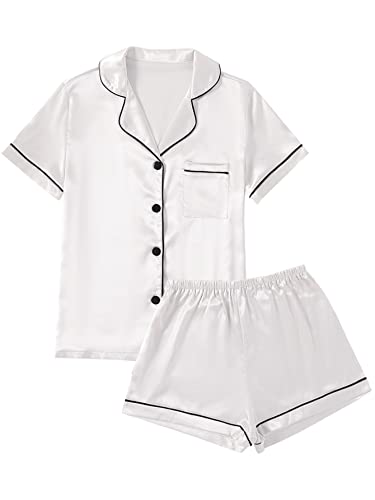 LYANER Women's Satin Pajamas Set Short Sleeve Button Shirt Silky Sleepwear With Shorts Set PJ White Medium