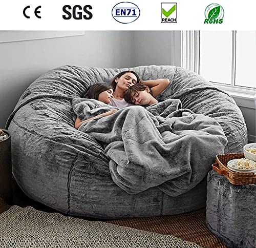 7ft Giant Fur Bean Bag Chair for Adult Living Room Furniture Big Round Soft Fluffy Faux Fur BeanBag Lazy Sofa Bed Cover (Grey)