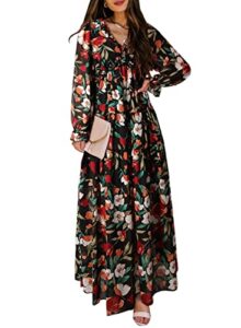 blencot women's casual boho floral printed deep v neck loose long sleeve long evening dress ruched cocktail party maxi wedding dress black medium