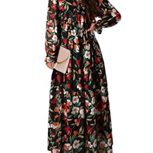 BLENCOT Women's Casual Boho Floral Printed Deep V Neck Loose Long Sleeve Long Evening Dress Ruched Cocktail Party Maxi Wedding Dress Black Medium