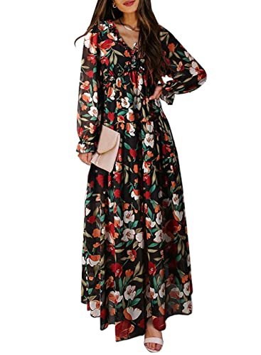 BLENCOT Women's Casual Boho Floral Printed Deep V Neck Loose Long Sleeve Long Evening Dress Ruched Cocktail Party Maxi Wedding Dress Black Medium