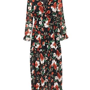 BLENCOT Women's Casual Boho Floral Printed Deep V Neck Loose Long Sleeve Long Evening Dress Ruched Cocktail Party Maxi Wedding Dress Black Medium