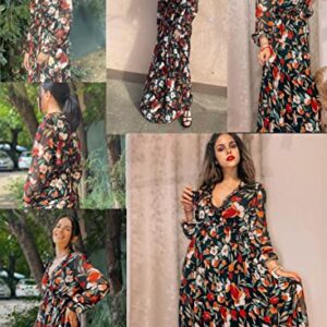 BLENCOT Women's Casual Boho Floral Printed Deep V Neck Loose Long Sleeve Long Evening Dress Ruched Cocktail Party Maxi Wedding Dress Black Medium