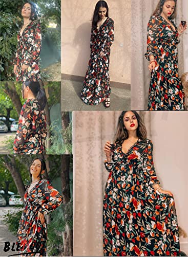 BLENCOT Women's Casual Boho Floral Printed Deep V Neck Loose Long Sleeve Long Evening Dress Ruched Cocktail Party Maxi Wedding Dress Black Medium