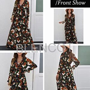 BLENCOT Women's Casual Boho Floral Printed Deep V Neck Loose Long Sleeve Long Evening Dress Ruched Cocktail Party Maxi Wedding Dress Black Medium