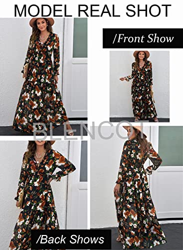 BLENCOT Women's Casual Boho Floral Printed Deep V Neck Loose Long Sleeve Long Evening Dress Ruched Cocktail Party Maxi Wedding Dress Black Medium