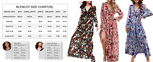 BLENCOT Women's Casual Boho Floral Printed Deep V Neck Loose Long Sleeve Long Evening Dress Ruched Cocktail Party Maxi Wedding Dress Black Medium