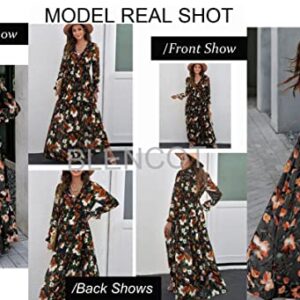 BLENCOT Women's Casual Boho Floral Printed Deep V Neck Loose Long Sleeve Long Evening Dress Ruched Cocktail Party Maxi Wedding Dress Black Medium