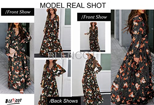 BLENCOT Women's Casual Boho Floral Printed Deep V Neck Loose Long Sleeve Long Evening Dress Ruched Cocktail Party Maxi Wedding Dress Black Medium