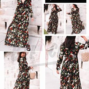 BLENCOT Women's Casual Boho Floral Printed Deep V Neck Loose Long Sleeve Long Evening Dress Ruched Cocktail Party Maxi Wedding Dress Black Medium