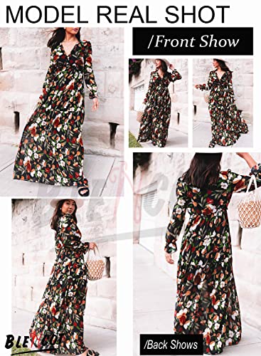 BLENCOT Women's Casual Boho Floral Printed Deep V Neck Loose Long Sleeve Long Evening Dress Ruched Cocktail Party Maxi Wedding Dress Black Medium