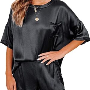 Ekouaer Womens, Two Piece Silk Satin Pajamas Set, Crewneck Short Sleeve Tops and Shorts, Sleepwear, A-black, X-Large