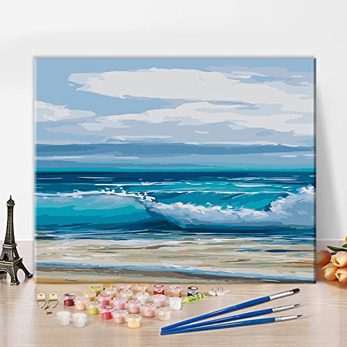 TISHIRON Oil Hand Painting Abstract Blue Ocean Waves DIY Paint by Numbers for Adults Beginner Drawing with Brushes Living Room Bedroom Decor Gifts for Home Decorations 16x20inch