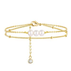 mevecco bracelet for women gold layered satellite chain trio pearl bead wire wrapped 14k gold plated dainty 2 layer handmade simple jewelry cute for girls