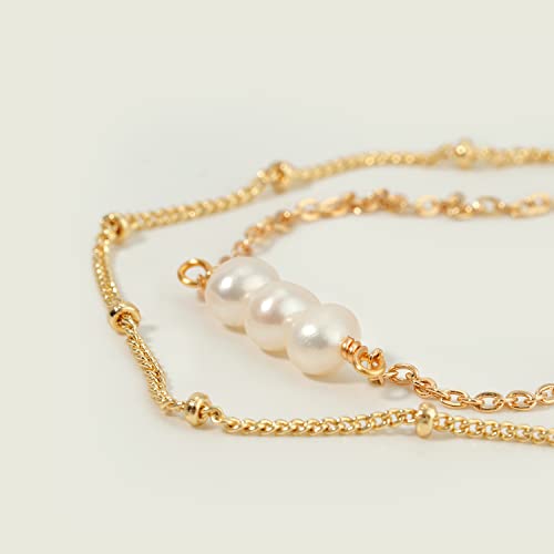 MEVECCO Bracelet for Women Gold Layered Satellite Chain Trio Pearl Bead Wire Wrapped 14K Gold Plated Dainty 2 Layer Handmade Simple Jewelry Cute for Girls