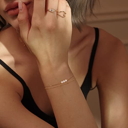 MEVECCO Bracelet for Women Gold Layered Satellite Chain Trio Pearl Bead Wire Wrapped 14K Gold Plated Dainty 2 Layer Handmade Simple Jewelry Cute for Girls