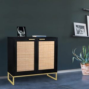 Anmytek Modern Accent Storage Cabinet with 2 Rattan Doors, Mid Century Buffet Sideboard for Living Room Black/Gold, H0046