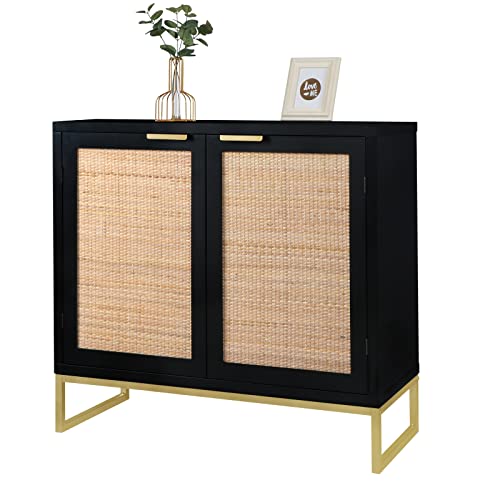 Anmytek Modern Accent Storage Cabinet with 2 Rattan Doors, Mid Century Buffet Sideboard for Living Room Black/Gold, H0046