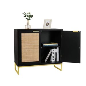 Anmytek Modern Accent Storage Cabinet with 2 Rattan Doors, Mid Century Buffet Sideboard for Living Room Black/Gold, H0046