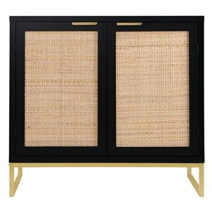 Anmytek Modern Accent Storage Cabinet with 2 Rattan Doors, Mid Century Buffet Sideboard for Living Room Black/Gold, H0046