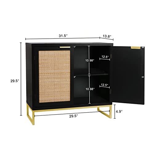 Anmytek Modern Accent Storage Cabinet with 2 Rattan Doors, Mid Century Buffet Sideboard for Living Room Black/Gold, H0046