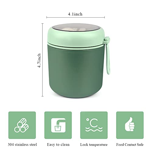 SMALLSHS Vacuum Insulated Food Jar with Foldable Spoon, Stainless Steel Thermal Food Container Food Thermos Soup Cup Leak Proof Hot Cold Food for Office Picnic Travel Outdoors (green)