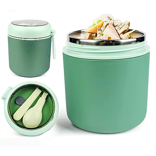 SMALLSHS Vacuum Insulated Food Jar with Foldable Spoon, Stainless Steel Thermal Food Container Food Thermos Soup Cup Leak Proof Hot Cold Food for Office Picnic Travel Outdoors (green)