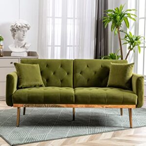 Antetek Velvet Futon Sofa Bed with 3 Adjustable Positions, Small Sleeper Sofa Loveseat with 2 Decorative Pillows, Modern Upholstered Convertible Couch with 5 Metal Tapered Legs (Olive Green)