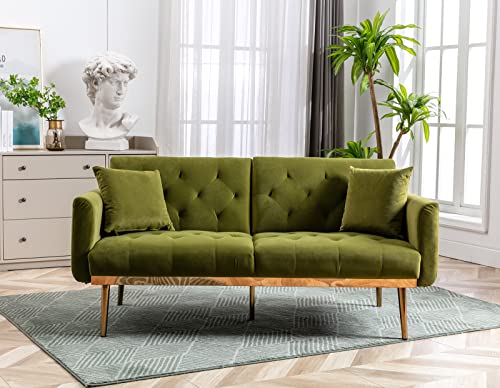 Antetek Velvet Futon Sofa Bed with 3 Adjustable Positions, Small Sleeper Sofa Loveseat with 2 Decorative Pillows, Modern Upholstered Convertible Couch with 5 Metal Tapered Legs (Olive Green)