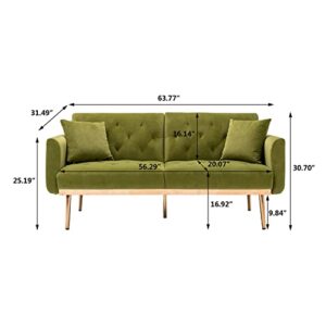 Antetek Velvet Futon Sofa Bed with 3 Adjustable Positions, Small Sleeper Sofa Loveseat with 2 Decorative Pillows, Modern Upholstered Convertible Couch with 5 Metal Tapered Legs (Olive Green)