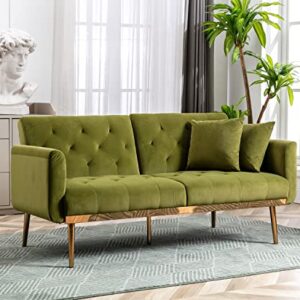 Antetek Velvet Futon Sofa Bed with 3 Adjustable Positions, Small Sleeper Sofa Loveseat with 2 Decorative Pillows, Modern Upholstered Convertible Couch with 5 Metal Tapered Legs (Olive Green)