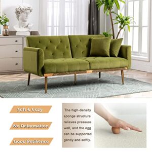 Antetek Velvet Futon Sofa Bed with 3 Adjustable Positions, Small Sleeper Sofa Loveseat with 2 Decorative Pillows, Modern Upholstered Convertible Couch with 5 Metal Tapered Legs (Olive Green)