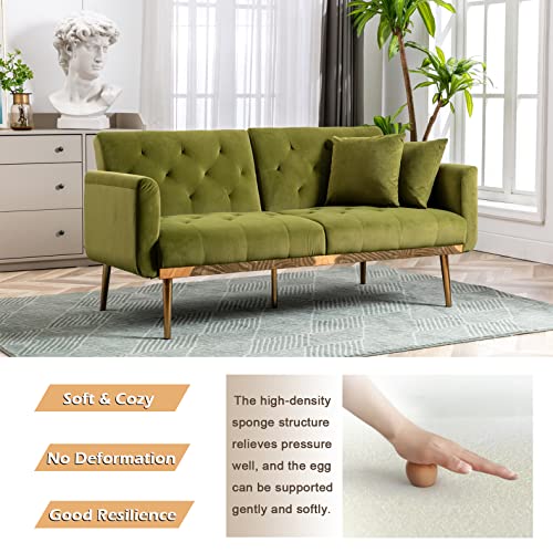 Antetek Velvet Futon Sofa Bed with 3 Adjustable Positions, Small Sleeper Sofa Loveseat with 2 Decorative Pillows, Modern Upholstered Convertible Couch with 5 Metal Tapered Legs (Olive Green)