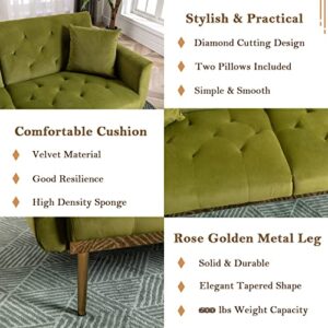 Antetek Velvet Futon Sofa Bed with 3 Adjustable Positions, Small Sleeper Sofa Loveseat with 2 Decorative Pillows, Modern Upholstered Convertible Couch with 5 Metal Tapered Legs (Olive Green)