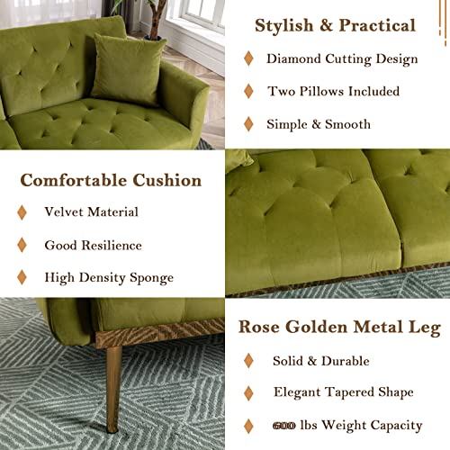 Antetek Velvet Futon Sofa Bed with 3 Adjustable Positions, Small Sleeper Sofa Loveseat with 2 Decorative Pillows, Modern Upholstered Convertible Couch with 5 Metal Tapered Legs (Olive Green)