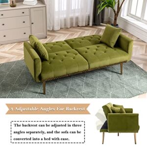 Antetek Velvet Futon Sofa Bed with 3 Adjustable Positions, Small Sleeper Sofa Loveseat with 2 Decorative Pillows, Modern Upholstered Convertible Couch with 5 Metal Tapered Legs (Olive Green)