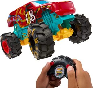 hot wheels rc monster trucks hw demo derby in 1:15 scale, remote-control toy truck with terrain action tires