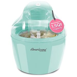 americana eim-1400m 1.5 qt freezer bowl automatic easy homemade electric ice cream maker, ingredient chute, on/off switch, no salt needed, creamy ice cream, gelato, frozen yogurt, sorbet, recipe book