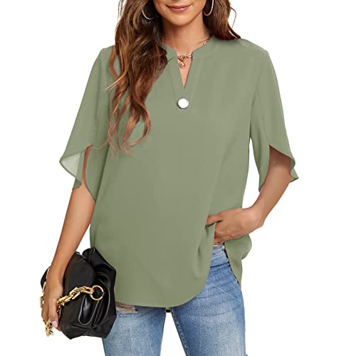 Funlingo Women's Summer Tops Short Sleeve Casual Shirts V Neck Chiffon Dressy Blouse Flowy Tops Spring Clothes Light Green Large