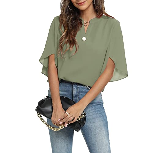 Funlingo Women's Summer Tops Short Sleeve Casual Shirts V Neck Chiffon Dressy Blouse Flowy Tops Spring Clothes Light Green Large