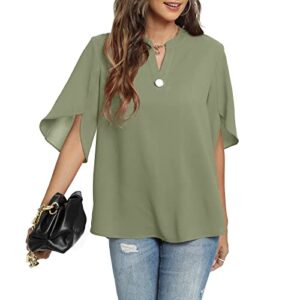 Funlingo Women's Summer Tops Short Sleeve Casual Shirts V Neck Chiffon Dressy Blouse Flowy Tops Spring Clothes Light Green Large