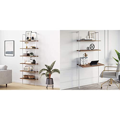 Nathan James Theo 6-Shelf Tall Bookcase, Wall Mount Bookshelf, Rustic Oak/White & Theo 2-Shelf Industrial Wall Mount Ladder, Small Computer or Writing Desk, Rustic Oak/White