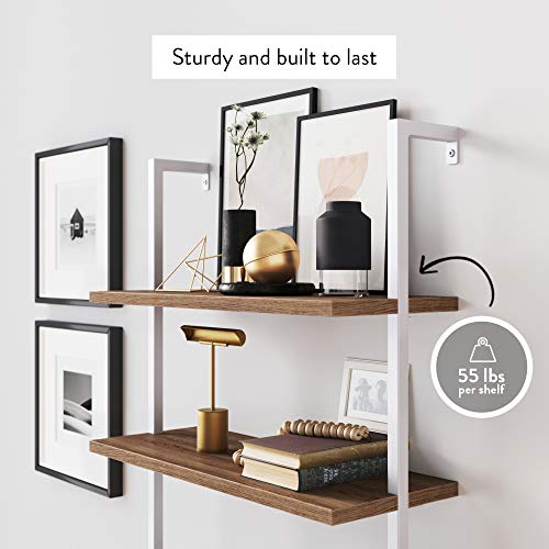 Nathan James Theo 6-Shelf Tall Bookcase, Wall Mount Bookshelf, Rustic Oak/White & Theo 2-Shelf Industrial Wall Mount Ladder, Small Computer or Writing Desk, Rustic Oak/White