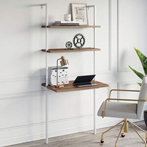 Nathan James Theo 6-Shelf Tall Bookcase, Wall Mount Bookshelf, Rustic Oak/White & Theo 2-Shelf Industrial Wall Mount Ladder, Small Computer or Writing Desk, Rustic Oak/White