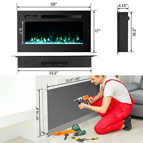 Homajor 36 inch Electric Fireplace Inserts, Electric Fireplace Wall Mounted, Led Fireplace, Recessed Fireplace, 12 Flame Colors, Remote Control w/Timer