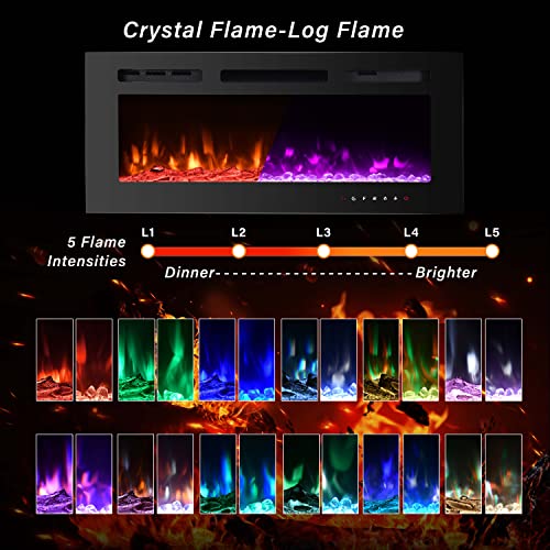 Homajor 36 inch Electric Fireplace Inserts, Electric Fireplace Wall Mounted, Led Fireplace, Recessed Fireplace, 12 Flame Colors, Remote Control w/Timer